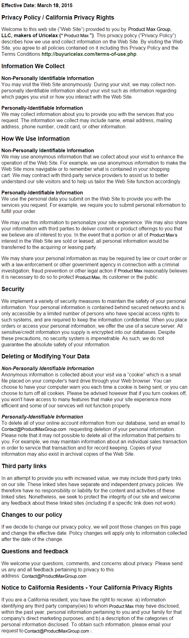 Privacy Policy / California Privacy Rights – Buy Uricelax